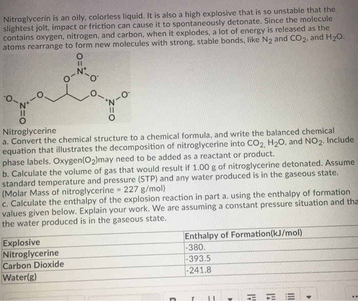 Solved Nitroglycerin is an oily, colorless liquid. It is | Chegg.com