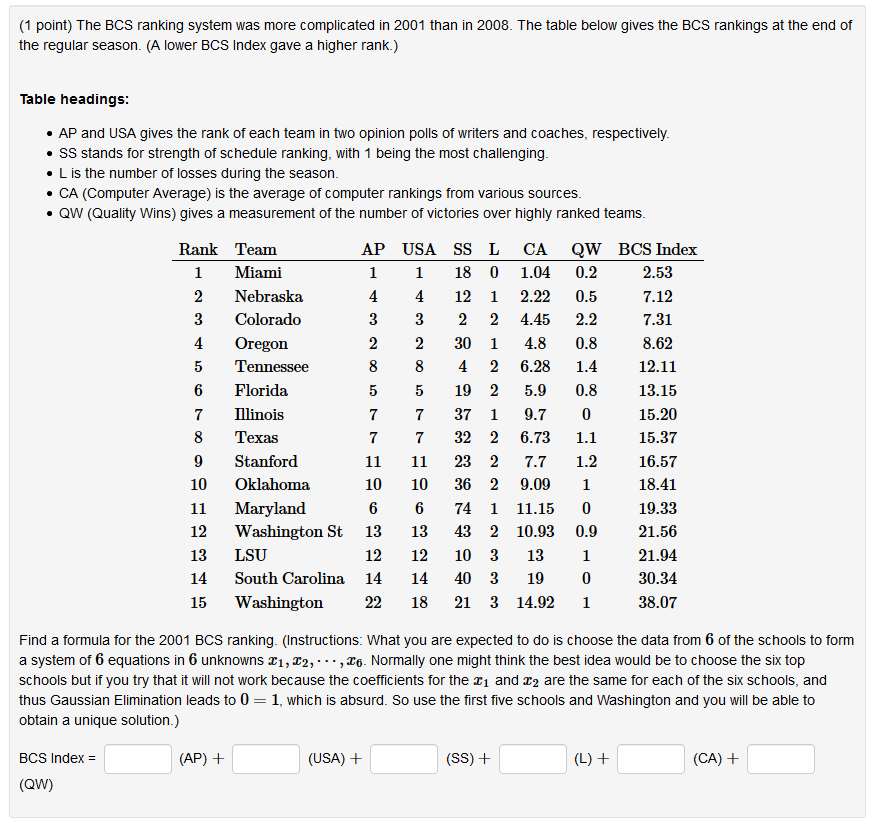 Solved (1 point) The BCS ranking system was more complicated | Chegg.com
