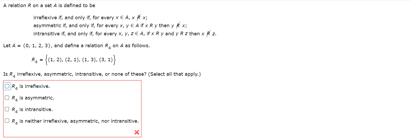 Solved A relation R on a set A is defined to be irreflexive | Chegg.com