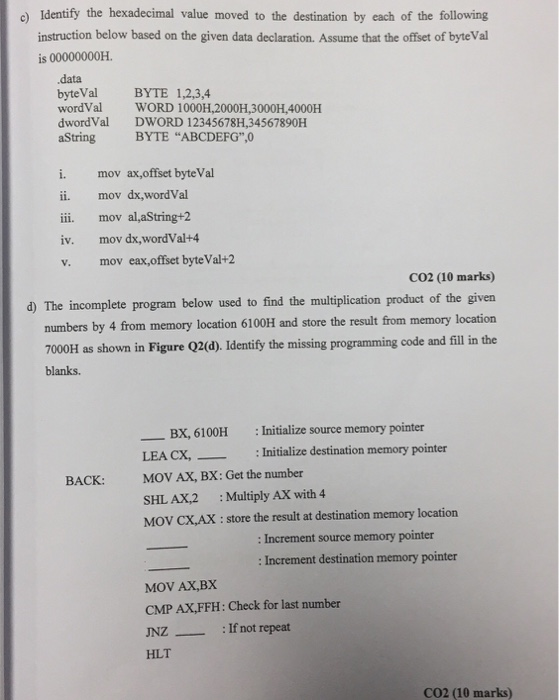 Solved ) Identify the hexadecimal value moved to the | Chegg.com