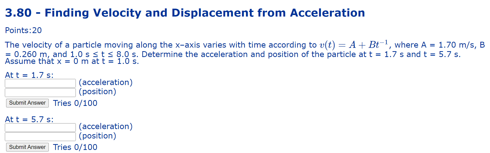 Solved 3.80 - Finding Velocity and Displacement from | Chegg.com