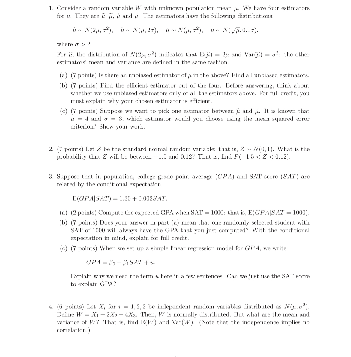 Solved 1. Consider a random variable W with unknown | Chegg.com