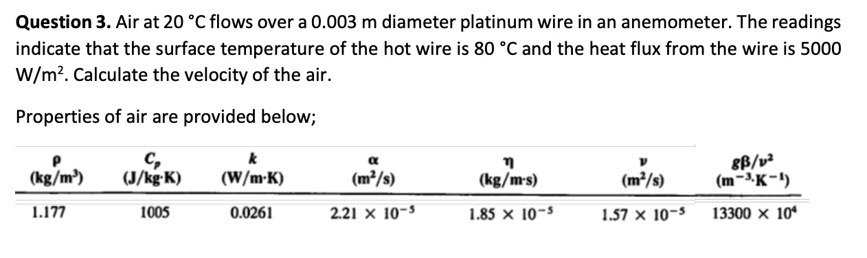 Solved Question 3. Air at 20∘C flows over a 0.003 m diameter | Chegg.com