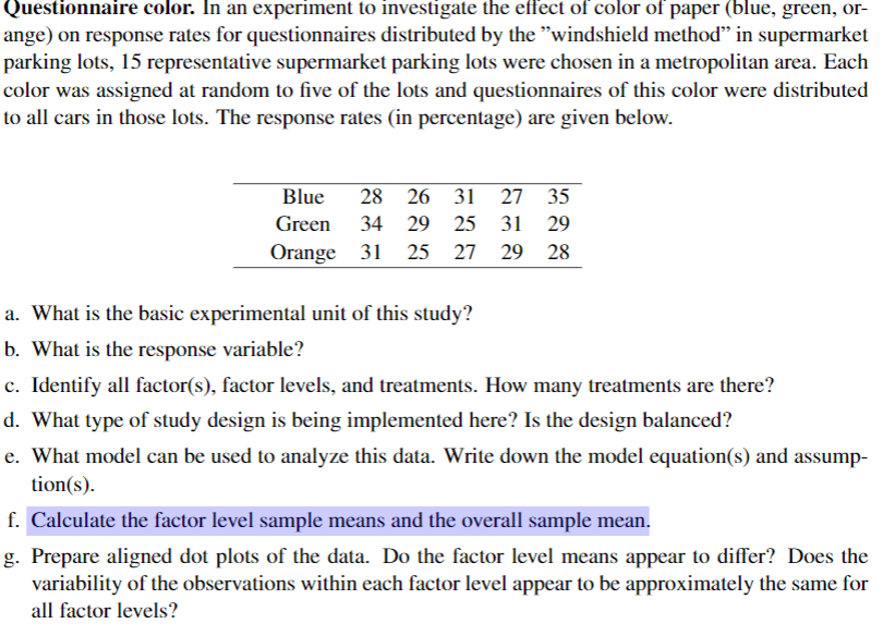 Solved Questionnaire color. In an experiment to investigate | Chegg.com