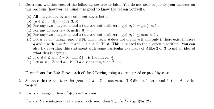 Solved 1. Determine whether each of the following are true | Chegg.com