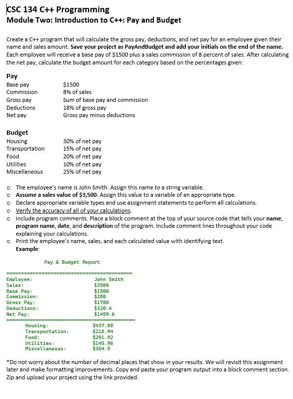 Solved CSC 134 ﻿C++ ﻿ProgrammingModule Two: Introduction to | Chegg.com