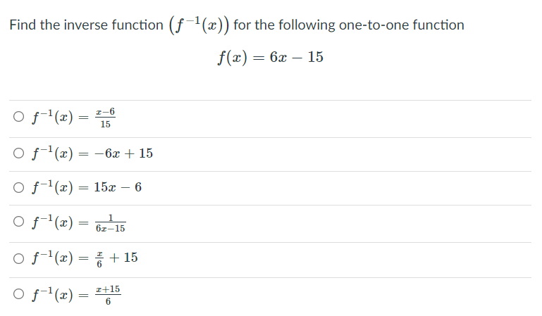 Solved Find the inverse function (f−1(x))(f−1(x)) for | Chegg.com