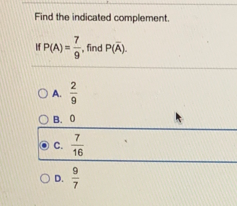 Solved Find the indicated complement. If PA) = , find PĀ). o | Chegg.com