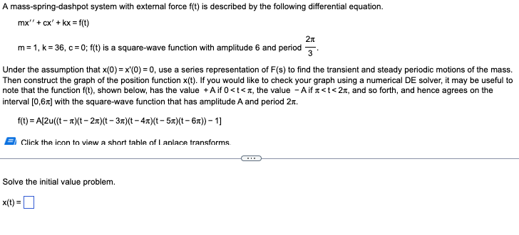 Solved mx′′+cx′+kx=f(t) m=1,k=36,c=0;f(t) is a square-wave | Chegg.com