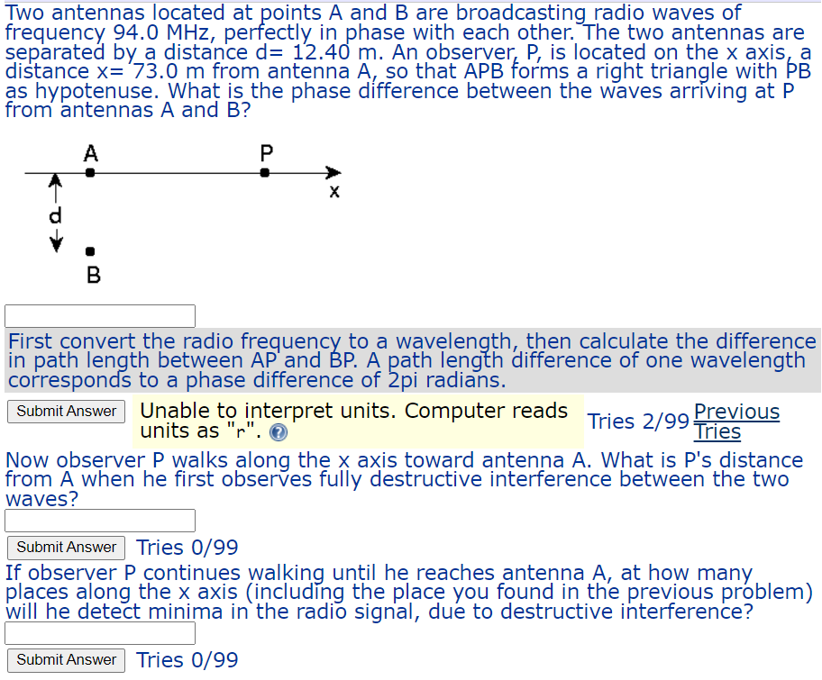 Solved Two antennas located at points A and B are | Chegg.com