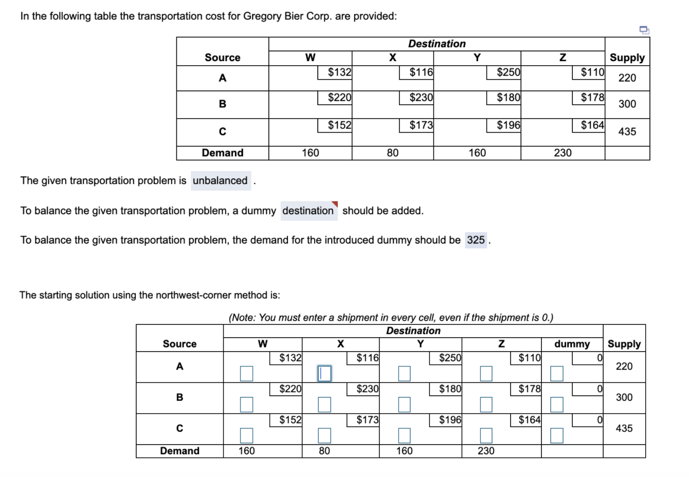 Solved In the following table the transportation cost for | Chegg.com