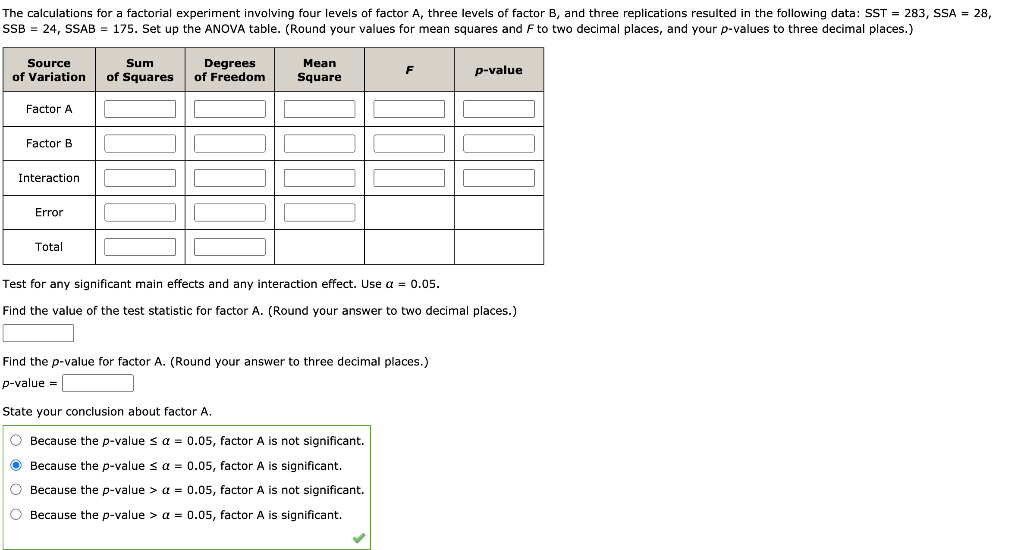Solved The calculations for a factorial experiment involving | Chegg.com