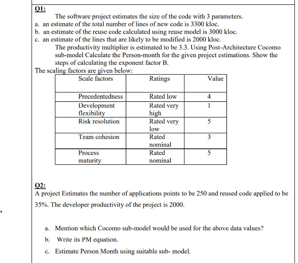 Solved 01: The software project estimates the size of the | Chegg.com