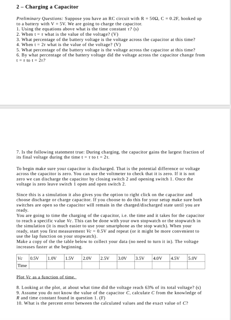 Solved 2 - Charging a Capacitor Preliminary Questions: | Chegg.com