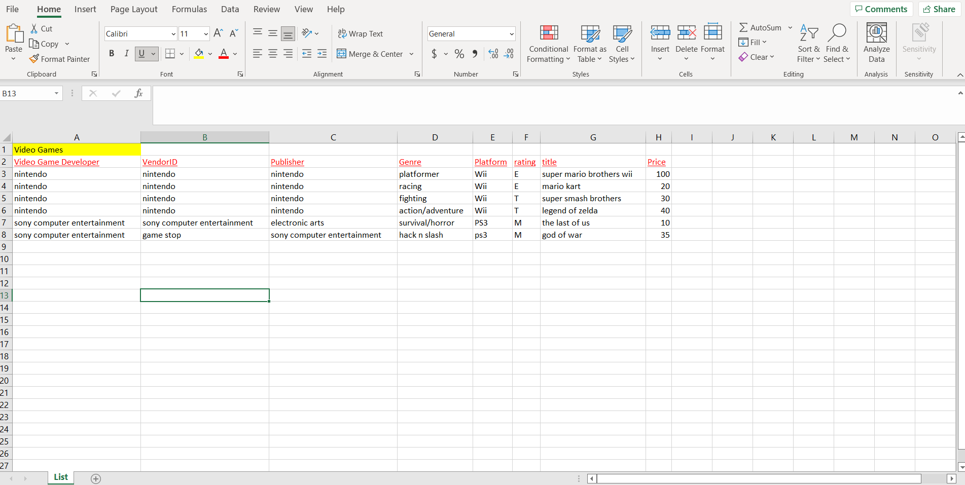 Solved Convert the VideoGame.xlsx “List” spreadsheet | Chegg.com
