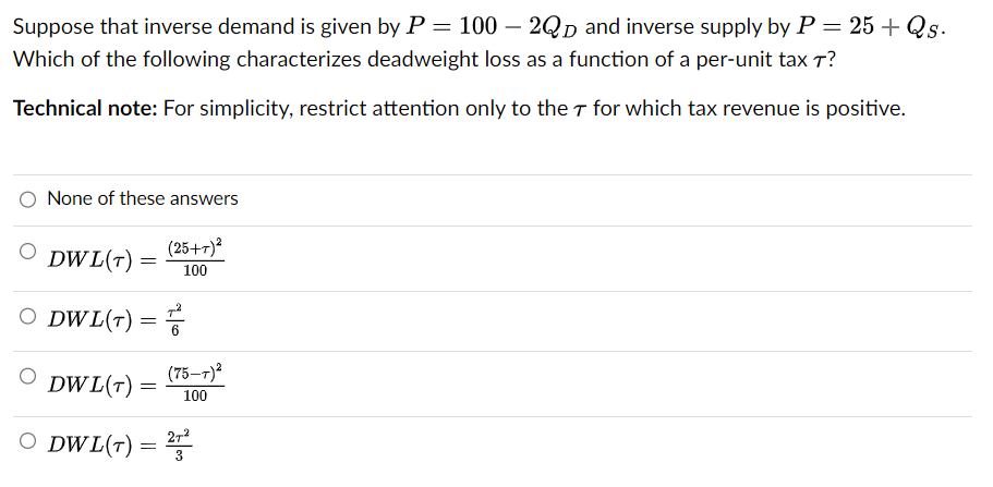 Solved Suppose that inverse demand is given by P=100−2QD and | Chegg.com
