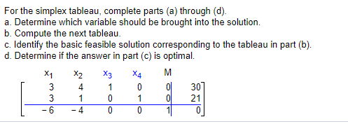 Solved For the simplex tableau, complete parts (a) through | Chegg.com