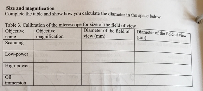 Solved Size and magnification Complete the table and show | Chegg.com