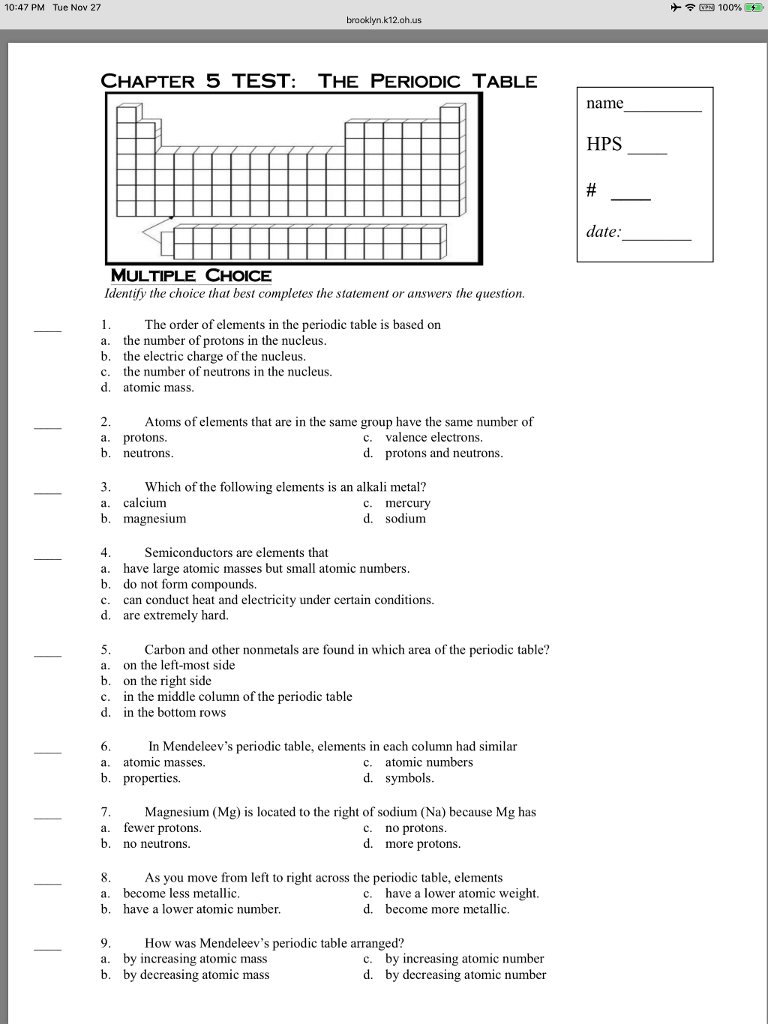 Periodic Table Test Questions | Cabinets Matttroy