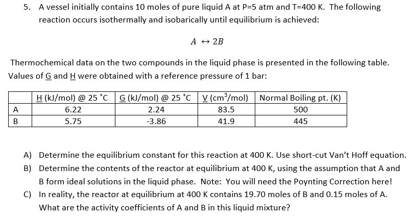 5. A vessel initially contains 10 moles of pure | Chegg.com