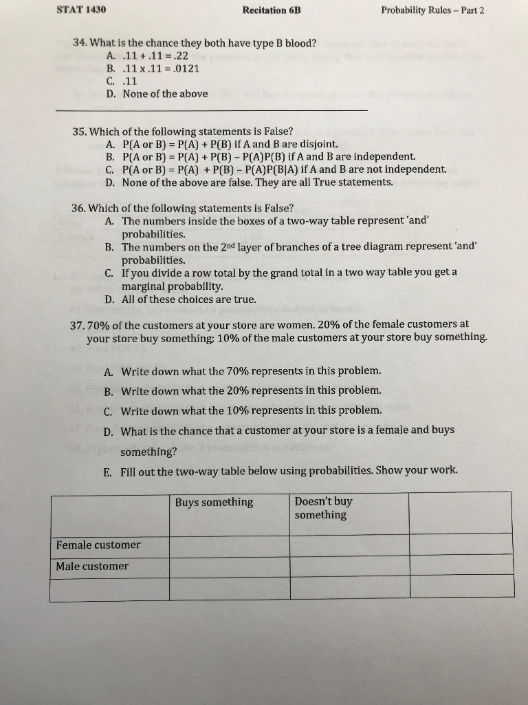 Solved STAT 1430 Recitation 6B Probability Rules - Part 2 | Chegg.com