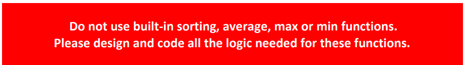 Solved Do not use built-in sorting, average, max or min | Chegg.com