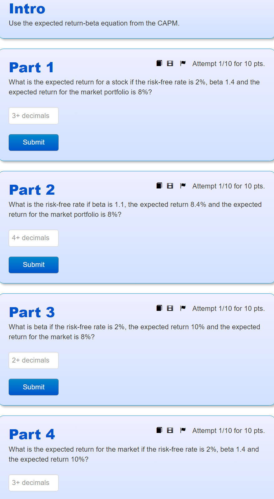 Solved Intro Use the expected return-beta equation from the | Chegg.com