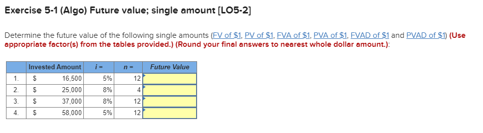 Solved Exercise 5-1 (Algo) Future value; single amount | Chegg.com