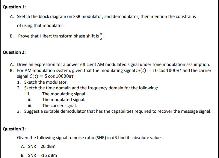 Solved Question 1: A. Sketch the block diagram on SSB | Chegg.com