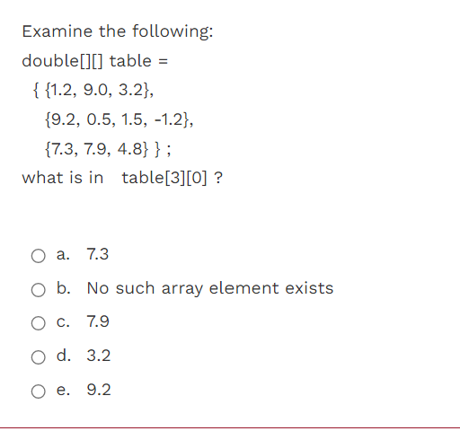 Solved Examine the following: double[][] table = {{1.2, 9.0, | Chegg.com