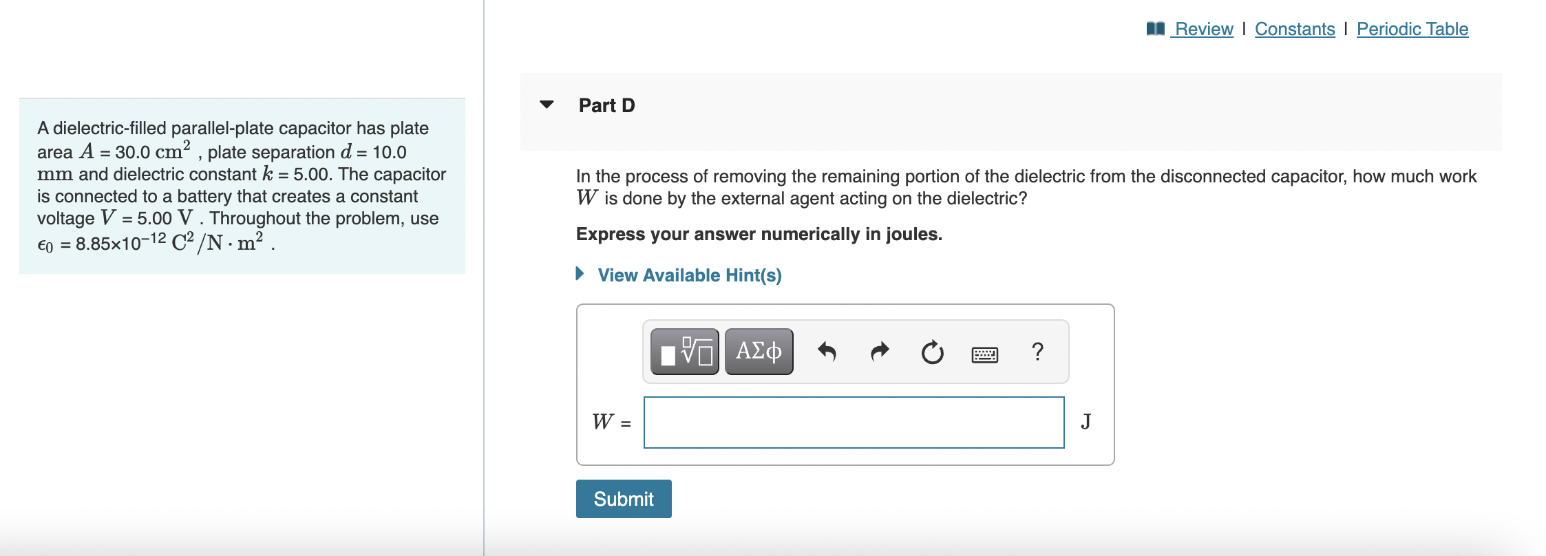 Solved ± Energy of a Capacitor in the Presence of a | Chegg.com
