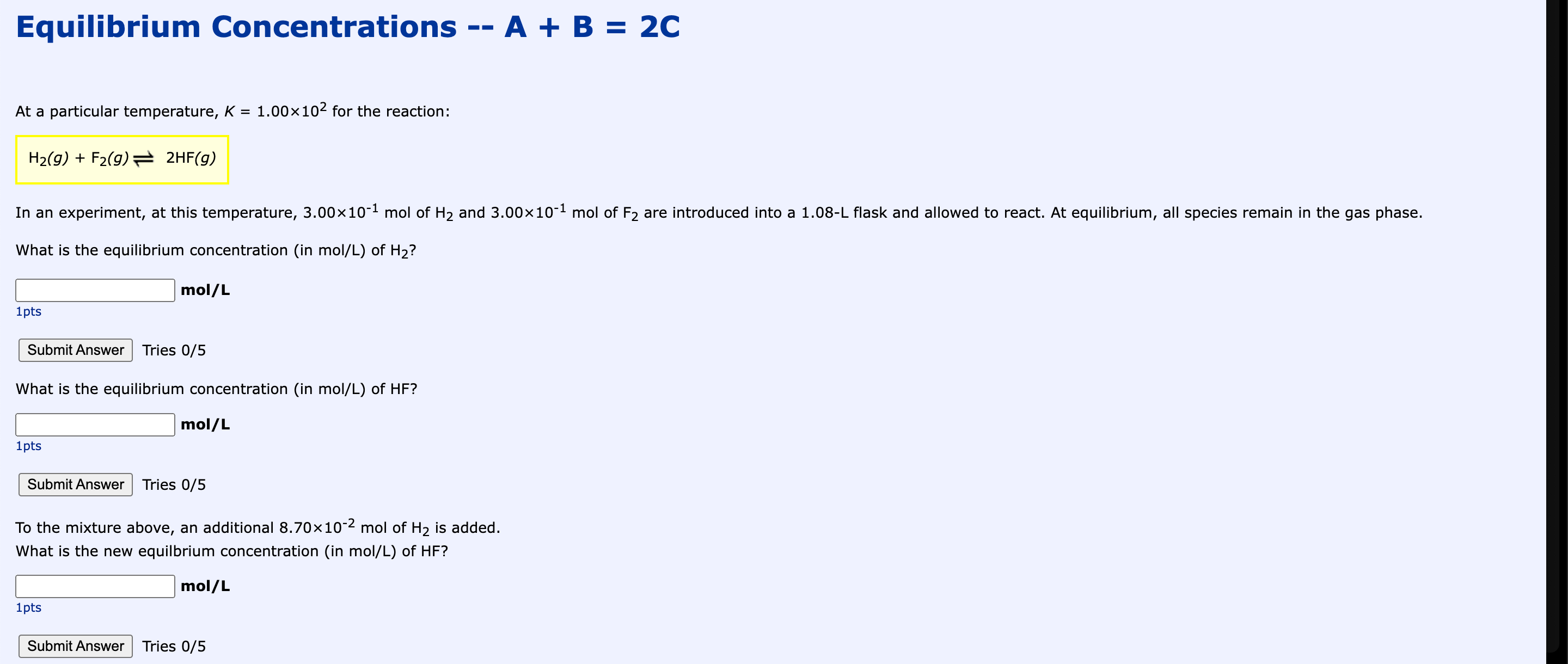 Solved Equilibrium Concentrations -- A + B =2C At a | Chegg.com