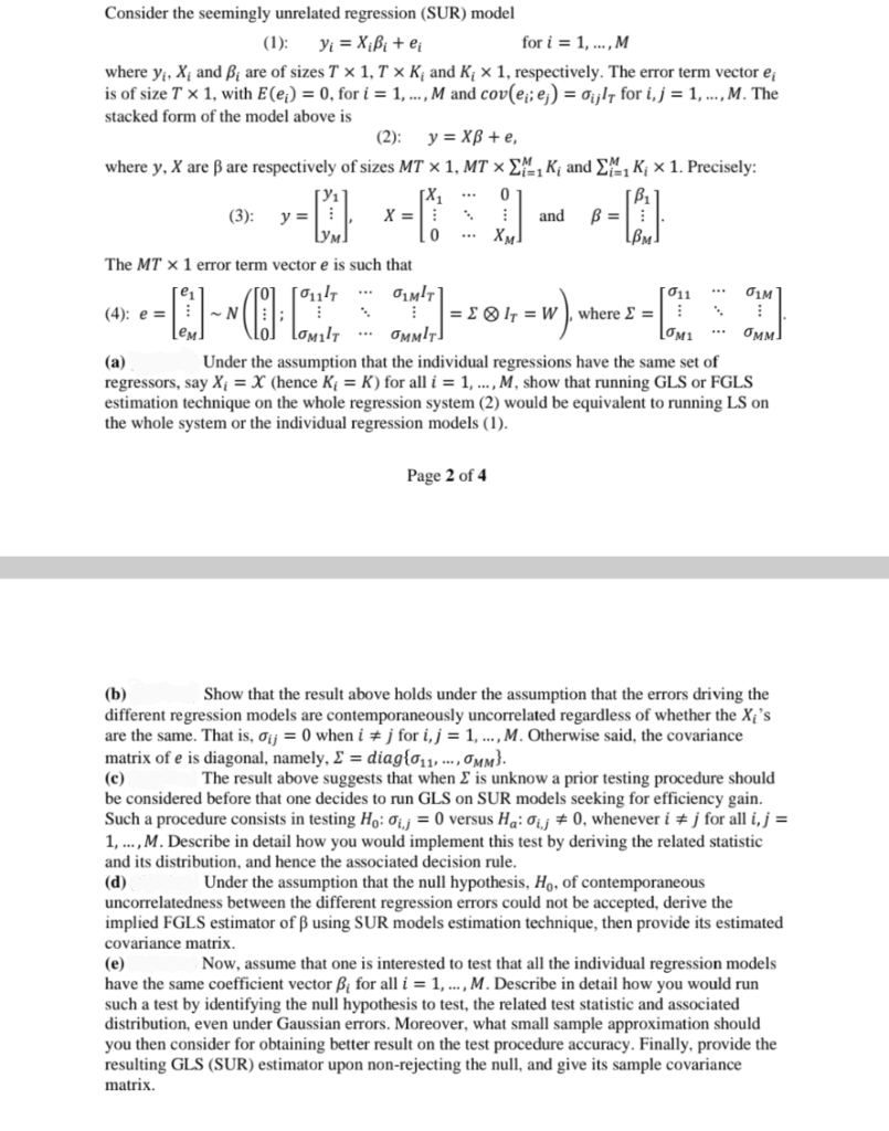 Consider the seemingly unrelated regression (SUR) | Chegg.com