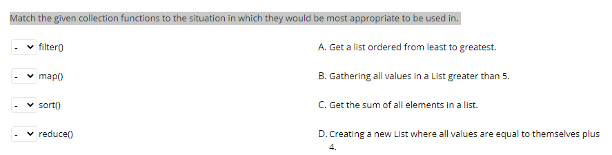 Solved Match the given collection functions to the situation | Chegg.com