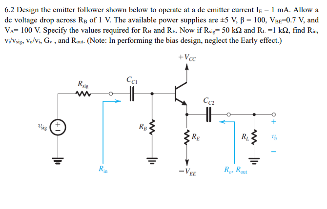 Solved 6.2 Design the emitter follower shown below to | Chegg.com