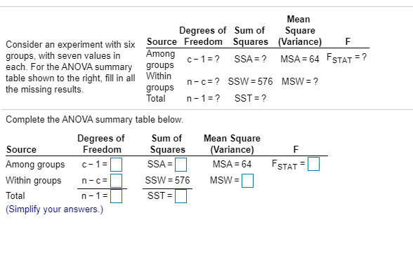 Solved Consider an experiment with six groups, with seven | Chegg.com
