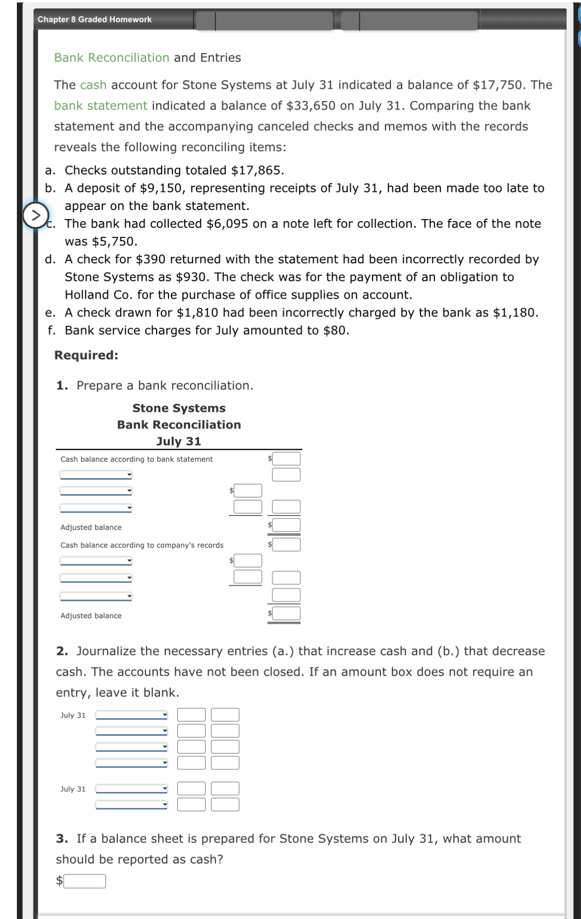 Solved Bank Reconciliation and EntriesThe cash account for | Chegg.com