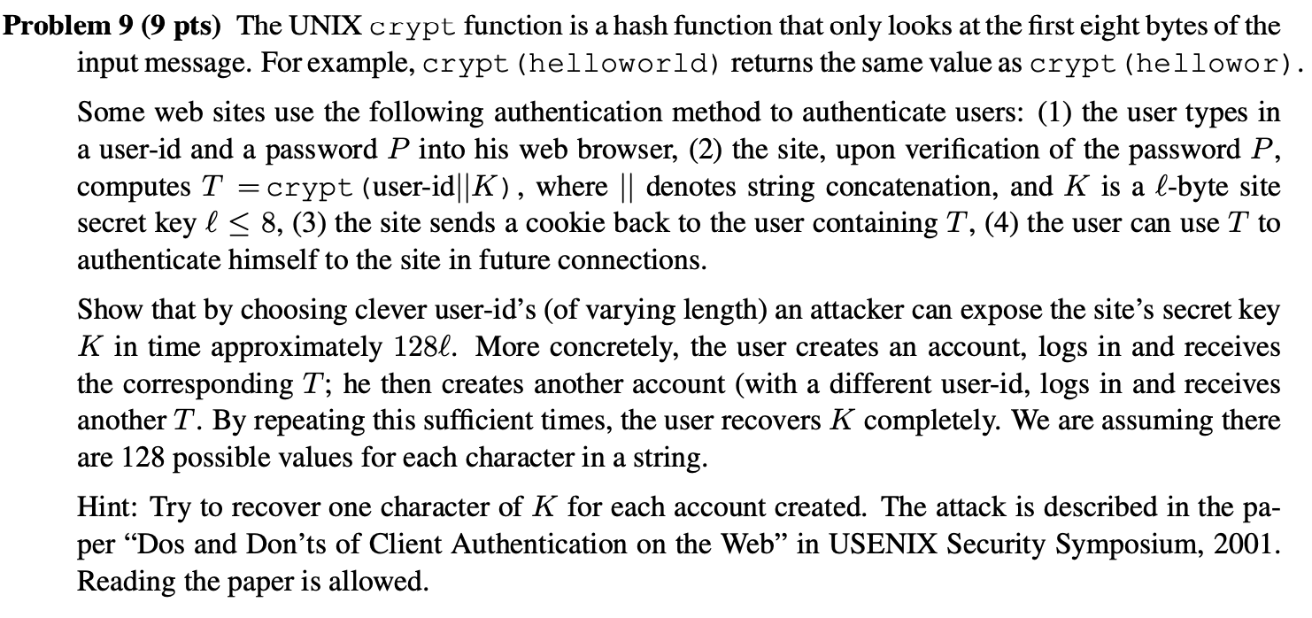 Problem 9 9 Pts The Unix Crypt Function Is A Hash