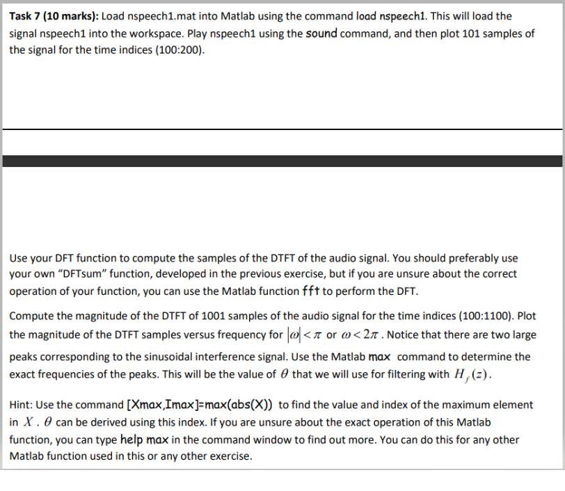 Solved Task 7 (10 marks): Load nspeech1.mat into Matlab | Chegg.com