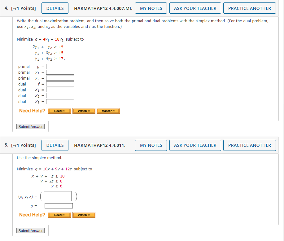 Solved [-/1 Points] HARMATHAP12 4.4.007.MI. Write the dual | Chegg.com