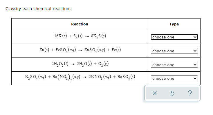 Solved Classify each chemical reaction: Reaction Type 16K | Chegg.com