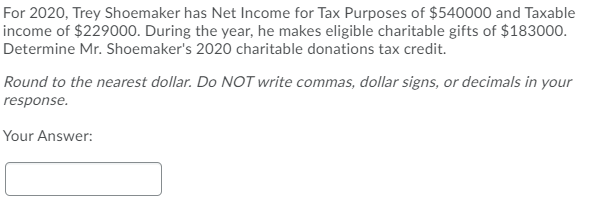 Solved For 2020, Trey Shoemaker has Net Income for Tax | Chegg.com