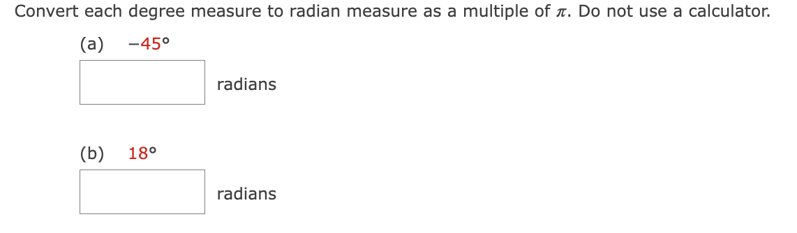 Solved Convert each degree measure to radian measure as a | Chegg.com