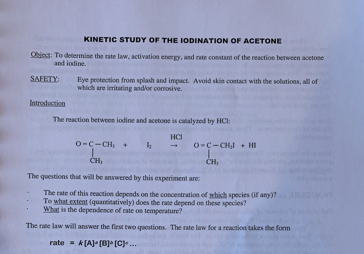 Solved KINETIC STUDY OF THE IODINATION OF ACETONE Object: To | Chegg.com