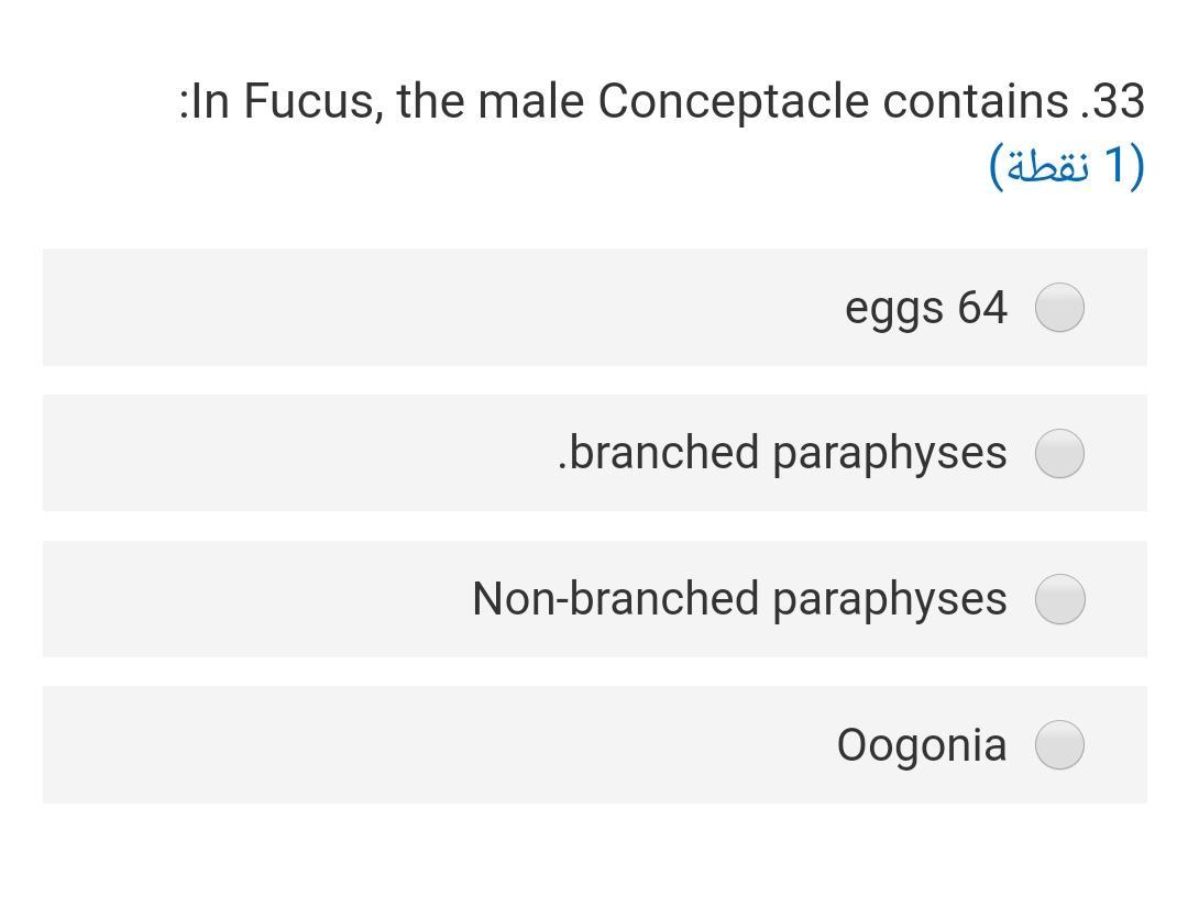 Solved :In Fucus, the male Conceptacle contains.33 (1 (1 | Chegg.com