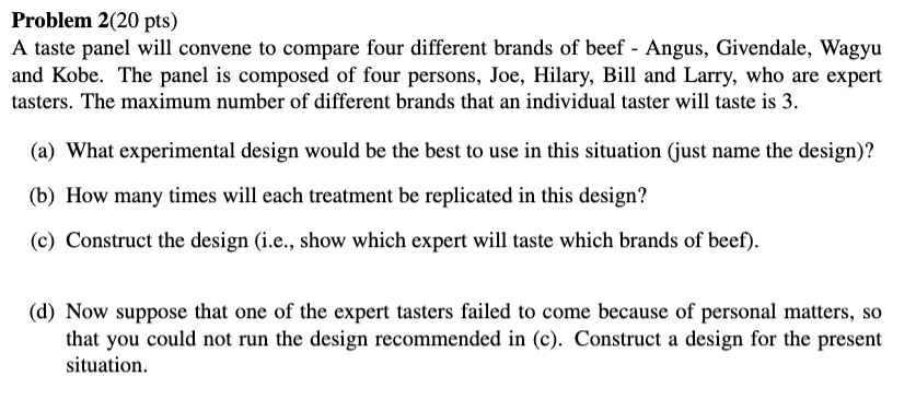 Problem 2(20 pts) A taste panel will convene to | Chegg.com
