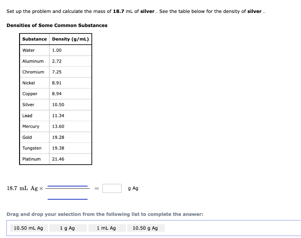 Solved Set up the problem and calculate the mass of 18.7 mL | Chegg.com