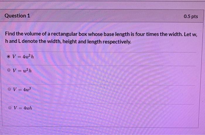 Solved Question 1 0.5 pts Find the volume of a rectangular | Chegg.com