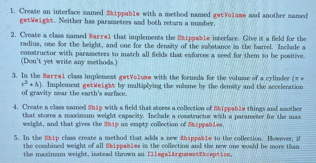 Solved 1. Create an interface named Shippable with a method | Chegg.com