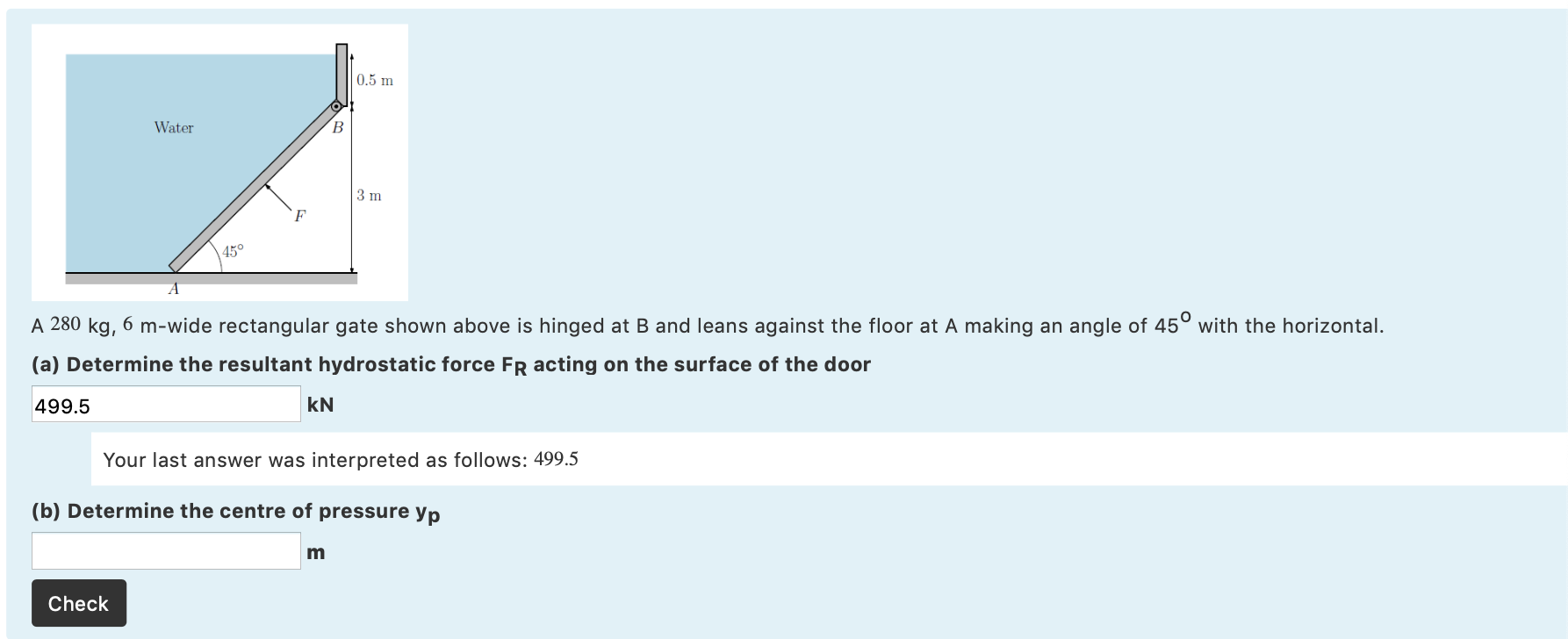 Solved 0.5 m Water A 280 kg, 6 m-wide rectangular gate shown | Chegg.com